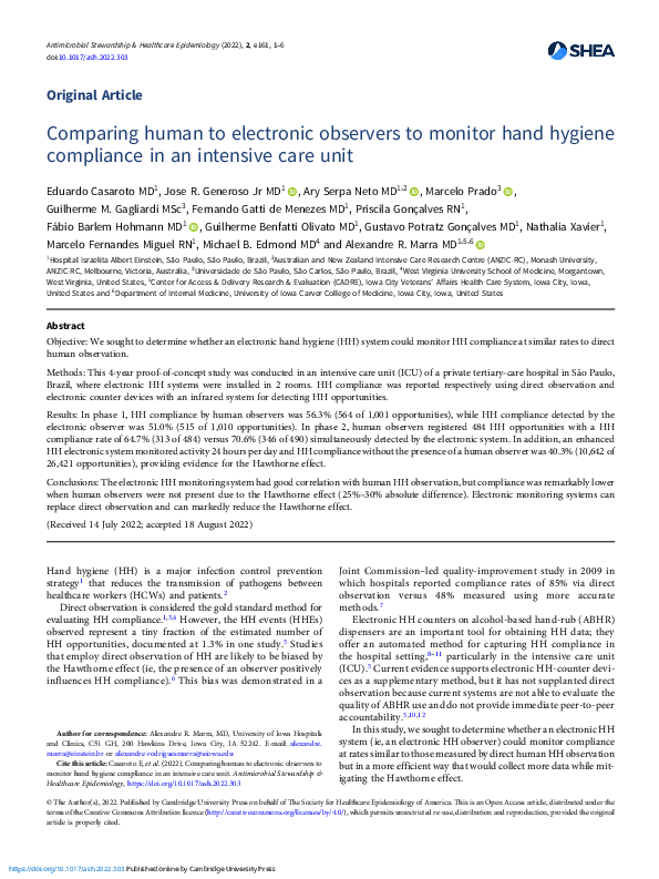 (PDF) Comparing human to electronic observers to monitor hand hygiene ...