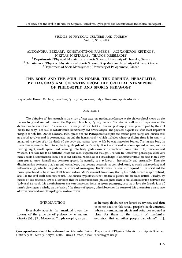 (PDF) The body and the soul in Homer, the Orphics, Heraclitus ...