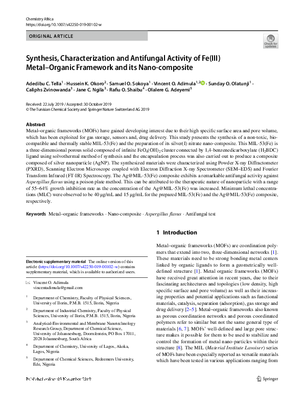 (PDF) Synthesis, Characterization and Antifungal Activity of Fe(III) Metal–Organic Framework and ...