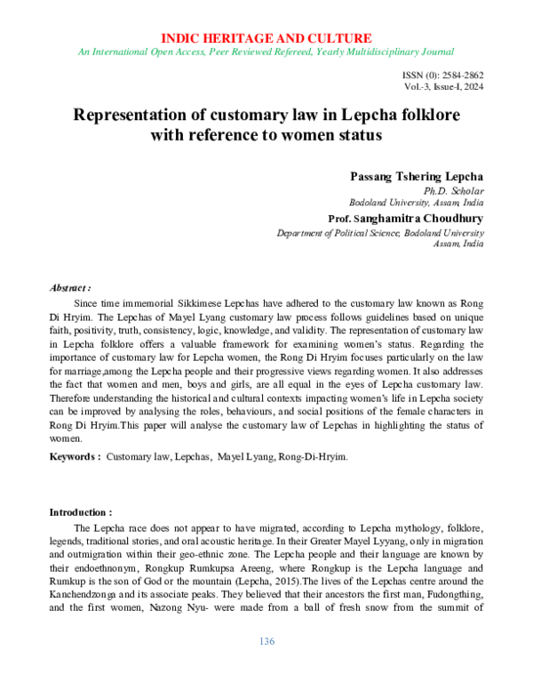 (PDF) Representation of customary law in Lepcha folklore with reference to women status