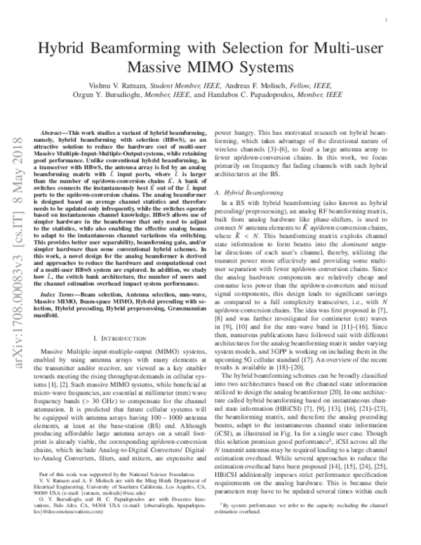 (PDF) Hybrid Beamforming With Selection for Multiuser Massive MIMO Systems
