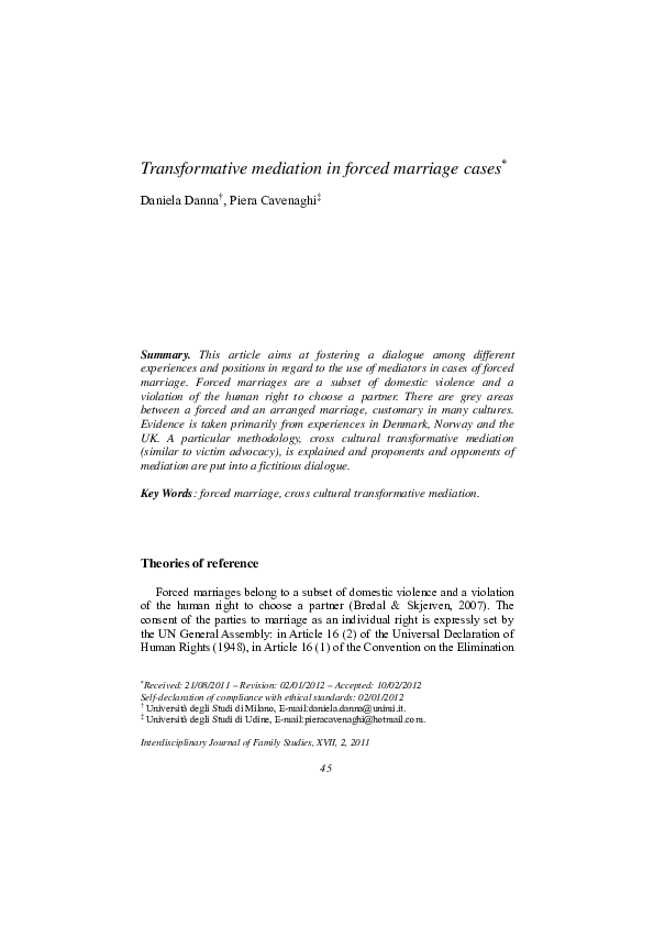 (PDF) Transformative mediation in forced marriage cases