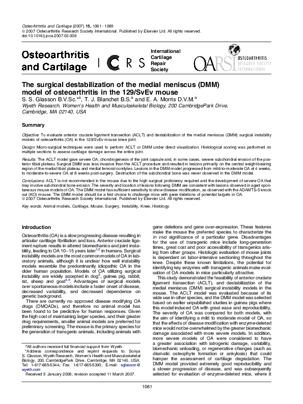 (PDF) The surgical destabilization of the medial meniscus (DMM) model ...