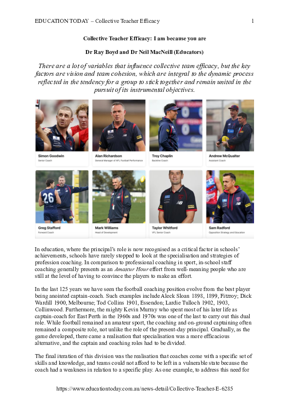 (PDF) Collective Teacher Efficacy: I am because you are