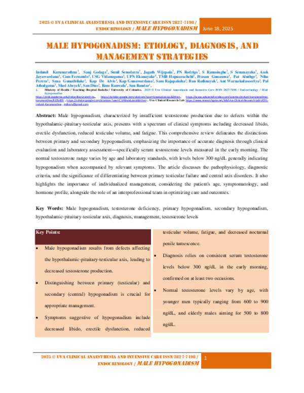 (PDF) Male Hypogonadism Etiology, Diagnosis, and Management Strategies