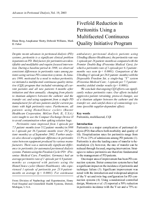 (PDF) Fivefold reduction in peritonitis using a multifaceted continuous quality initiative program