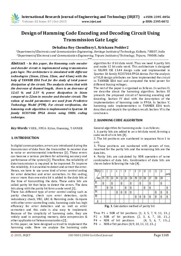 (PDF) Design of Hamming Code Encoding and Decoding Circuit Using Transmission Gate Logic