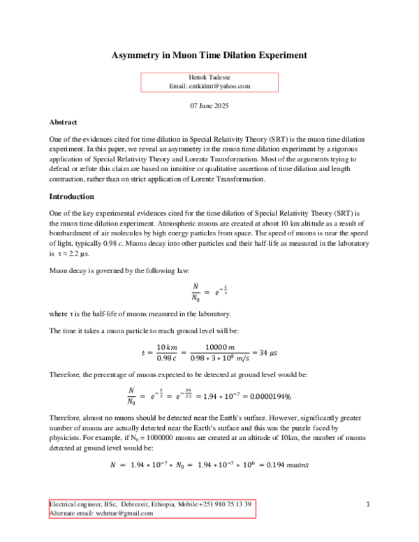 (PDF) Asymmetry in Muon Time Dilation Experiment