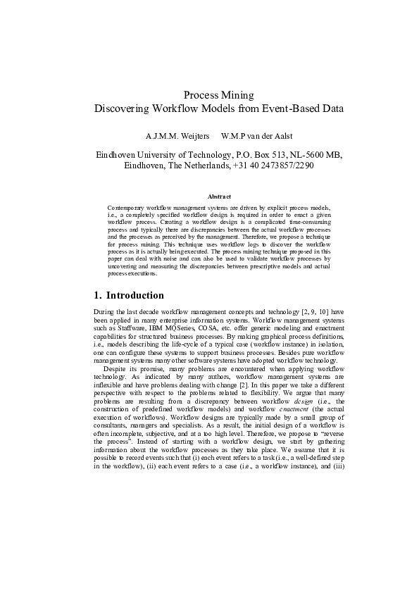 (PDF) Process mining: discovering workflow models from event-based data