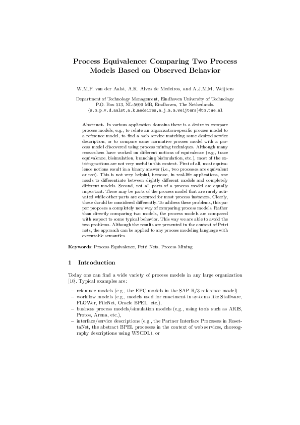 (PDF) Process Equivalence: Comparing Two Process Models Based on Observed Behavior