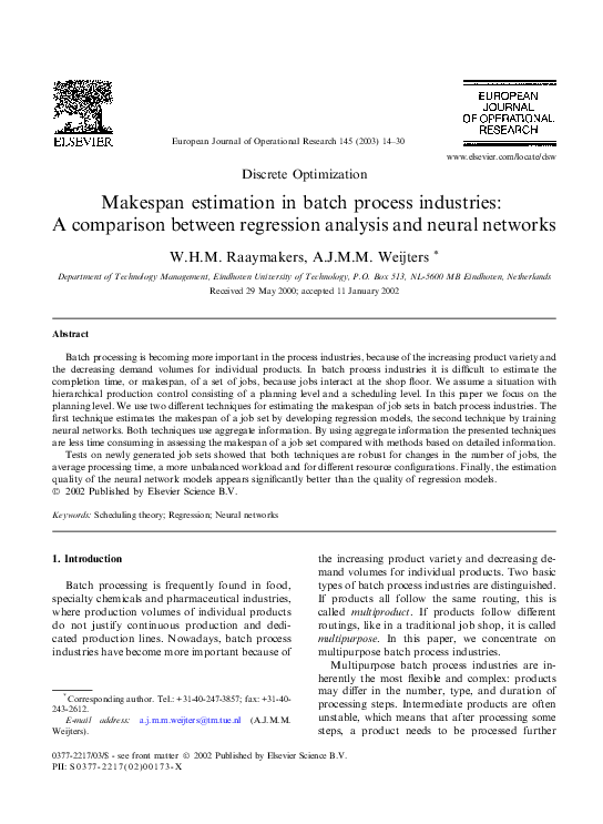 Pdf Makespan Estimation In Batch Process Industries A Comparison Between Regression Analysis