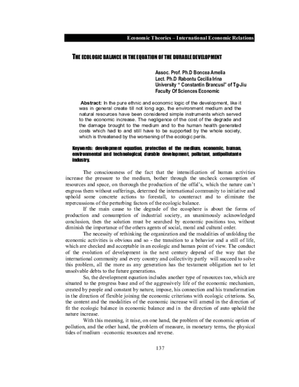 (PDF) The Ecologic Balance in the Equation of the Durable Development