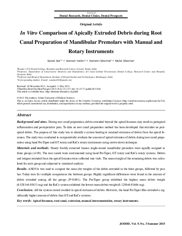 (PDF) In Vitro Comparison of Apically Extruded Debris during Root Canal ...