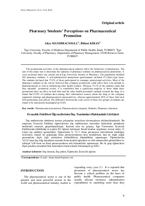 (PDF) Pharmacy Students' Perceptions on Pharmaceutical Promotion