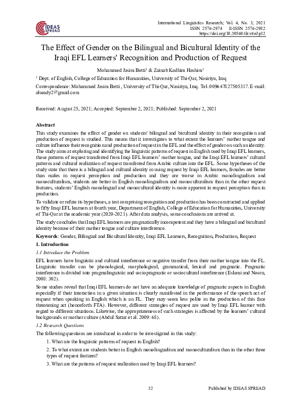 (PDF) The Effect of Gender on the Bilingual and Bicultural Identity of ...
