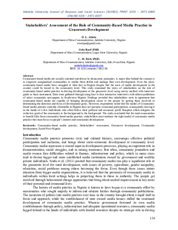 (PDF) Stakeholders' Assessment of the Role of Community-Based Media ...