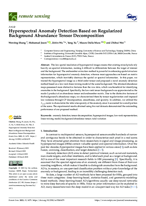 (PDF) Hyperspectral Anomaly Detection Based on Regularized Background Abundance Tensor Decomposition