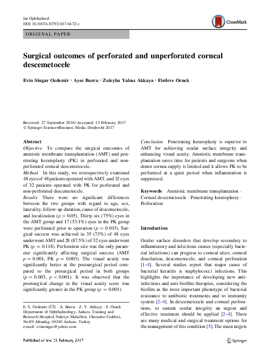 (PDF) Surgical outcomes of perforated and unperforated corneal ...
