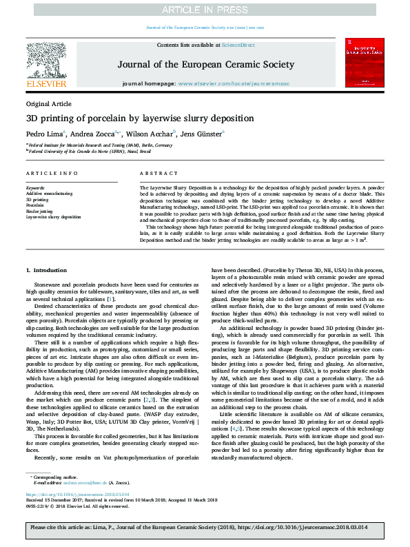 (PDF) 3D printing of porcelain by layerwise slurry deposition
