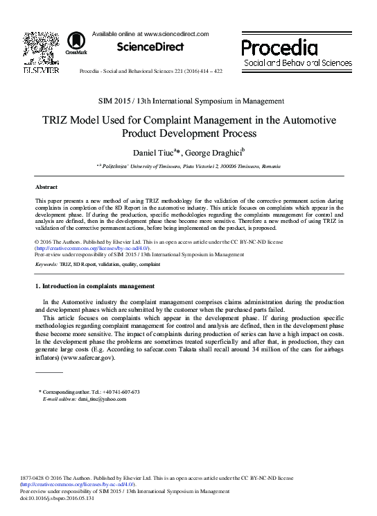 (PDF) TRIZ Model Used for Complaint Management in the Automotive Product Development Process