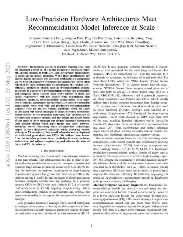 (PDF) Low-Precision Hardware Architectures Meet Recommendation Model Inference at Scale
