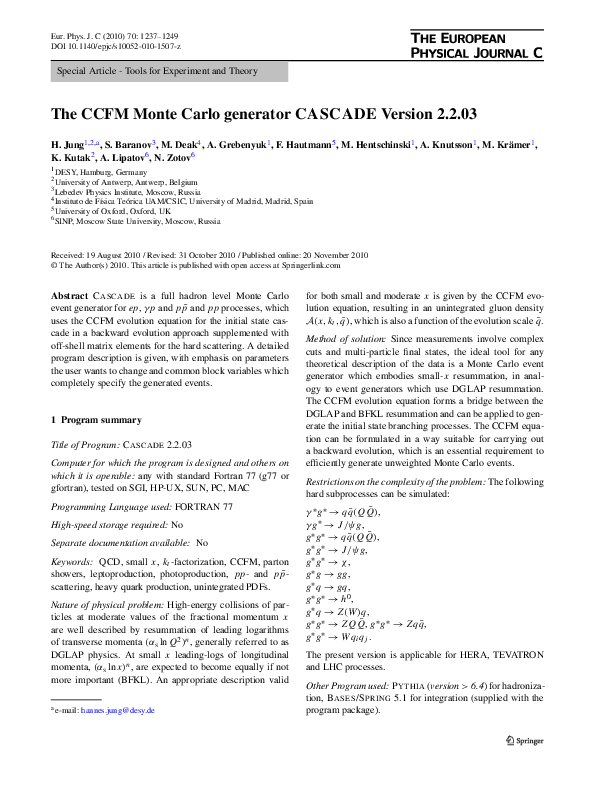 (PDF) The CCFM Monte Carlo generator CASCADE Version 2.2.03