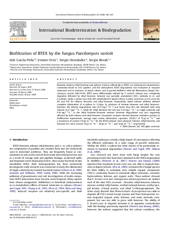 (PDF) Biofiltration of BTEX by the fungus Paecilomyces variotii