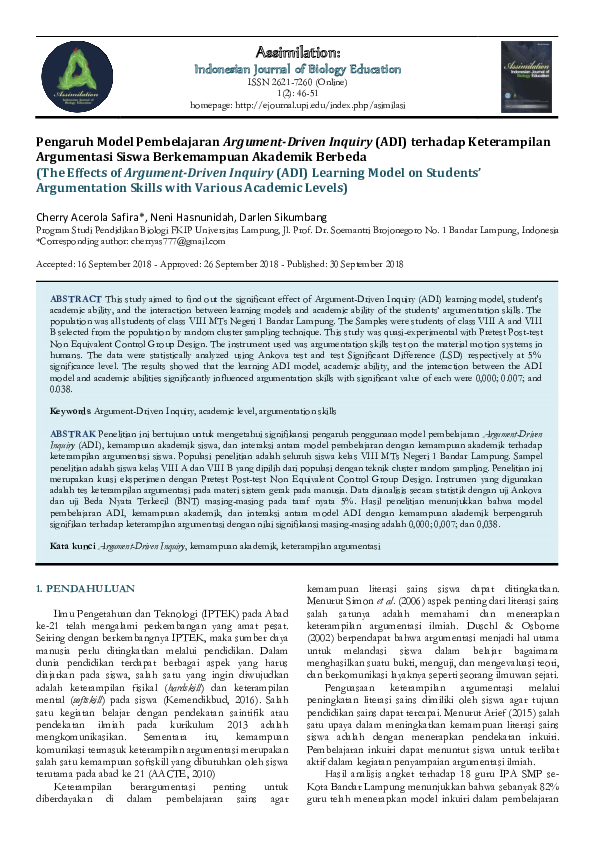 (PDF) Pengaruh Model Pembelajaran Argument-Driven Inquiry (ADI ...