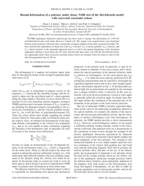 (PDF) Biaxial deformation of a polymer under shear: NMR test of the Doi ...