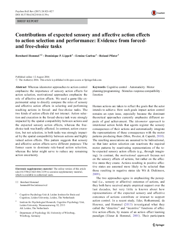 (PDF) Contributions of expected sensory and affective action effects to ...