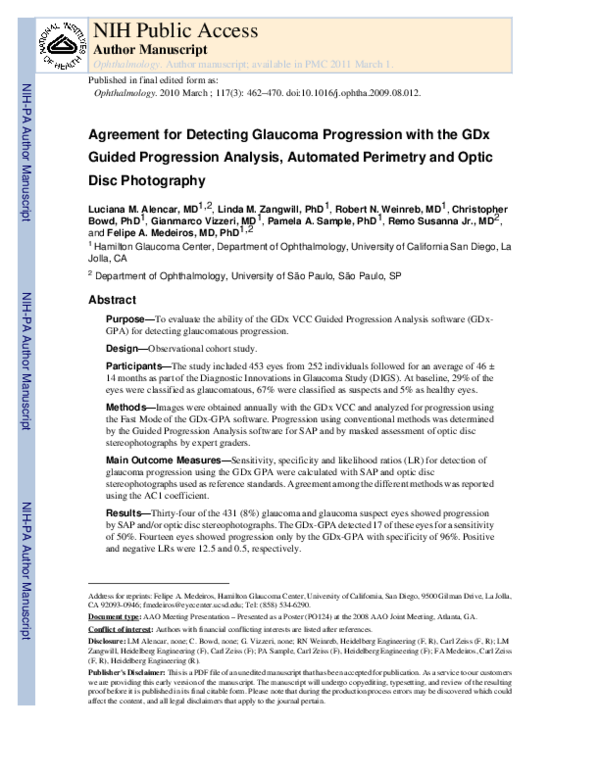 (PDF) Agreement for Detecting Glaucoma Progression with the GDx Guided Progression Analysis ...