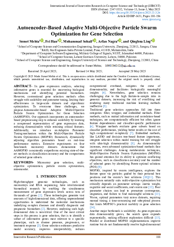 (PDF) Autoencoder based Adaptive Multi Objective Particle Swarm Optimization for Gene Selection