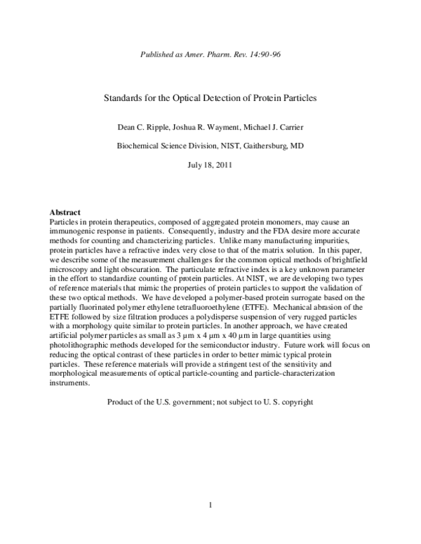 (PDF) Standards for the Optical Detection of Protein Particulates | NIST
