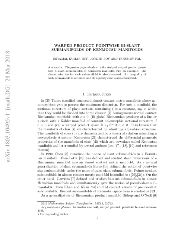 (PDF) Warped product pointwise bi-slant submanifolds of Kenmotsu manifolds