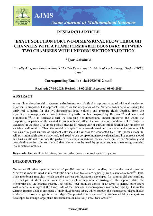 (PDF) EXACT SOLUTION FOR TWO-DIMENSIONAL FLOW THROUGH CHANNELS WITH A ...