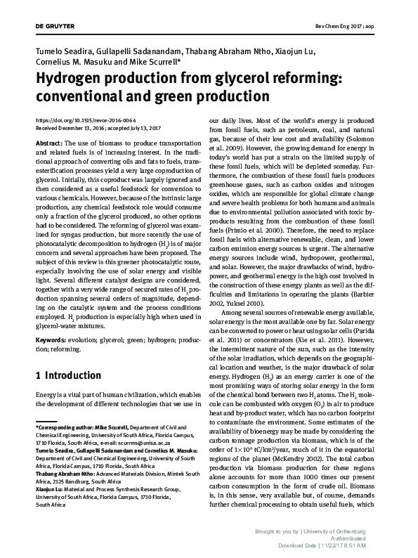 (PDF) Hydrogen production from glycerol reforming: conventional and ...