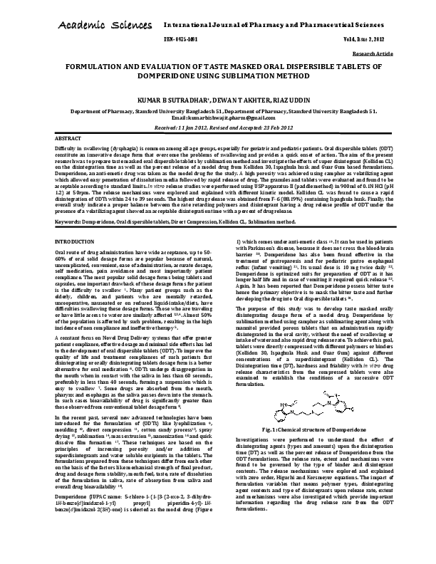 Pdf Formulation And Evaluation Of Taste Masked Oral Dispersible Tablets Of Domperidone Using
