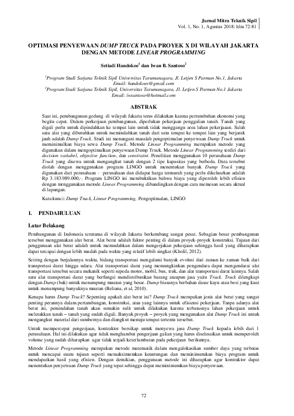 (PDF) Optimasi Penyewaan Dump Truck Pada Proyek X DI Wilayah Jakarta Dengan Metode Linear ...