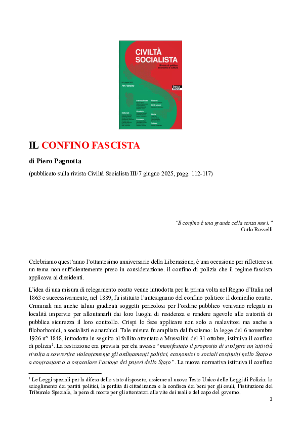 (PDF) IL CONFINO FASCISTA (pubblicato sulla rivista Civiltà Socialista ...