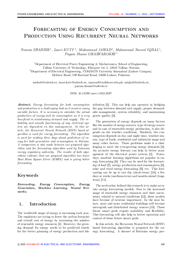 (PDF) Forecasting of Energy Consumption and Production Using Recurrent Neural Networks