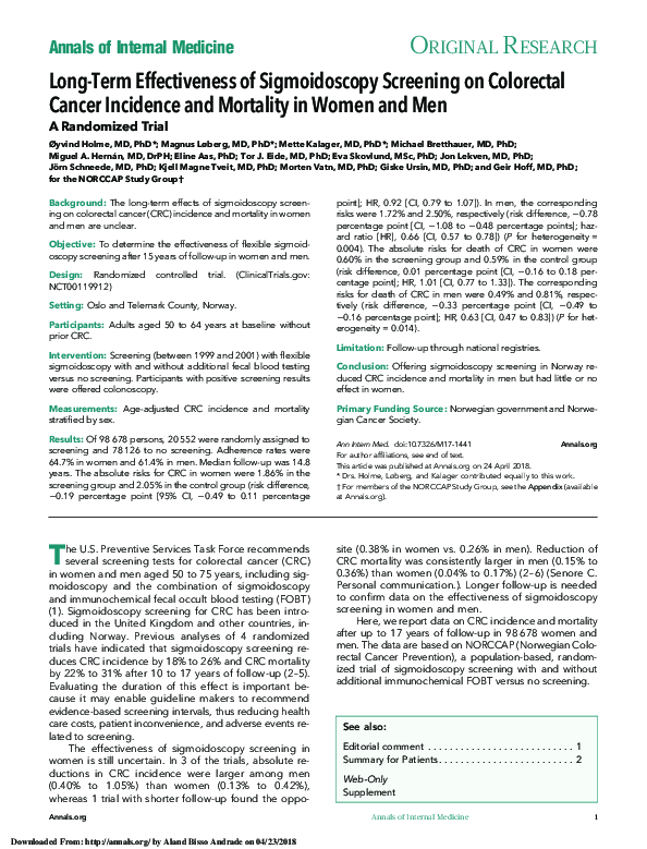 (PDF) Long-Term Effectiveness of Sigmoidoscopy Screening on Colorectal ...