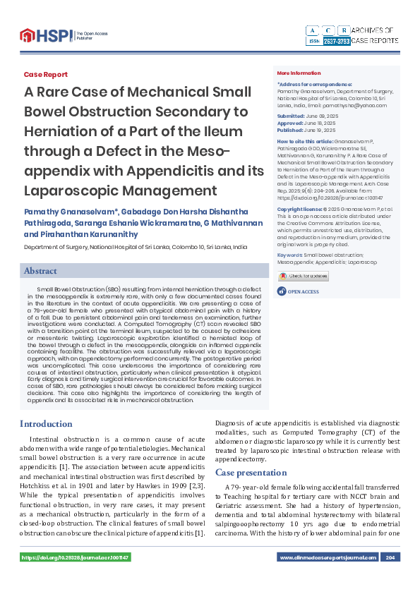 (PDF) A Rare Case of Mechanical Small Bowel Obstruction Secondary to ...