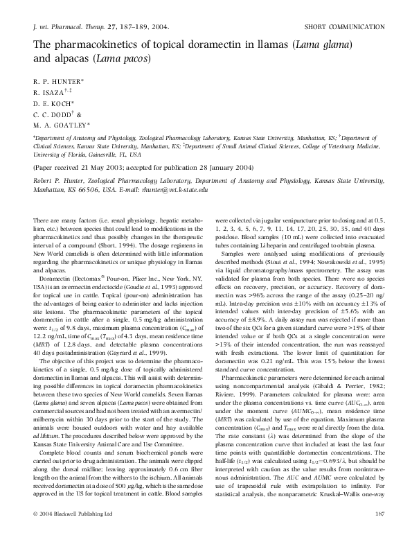 (PDF) The pharmacokinetics of topical doramectin in llamas (Lama glama ...