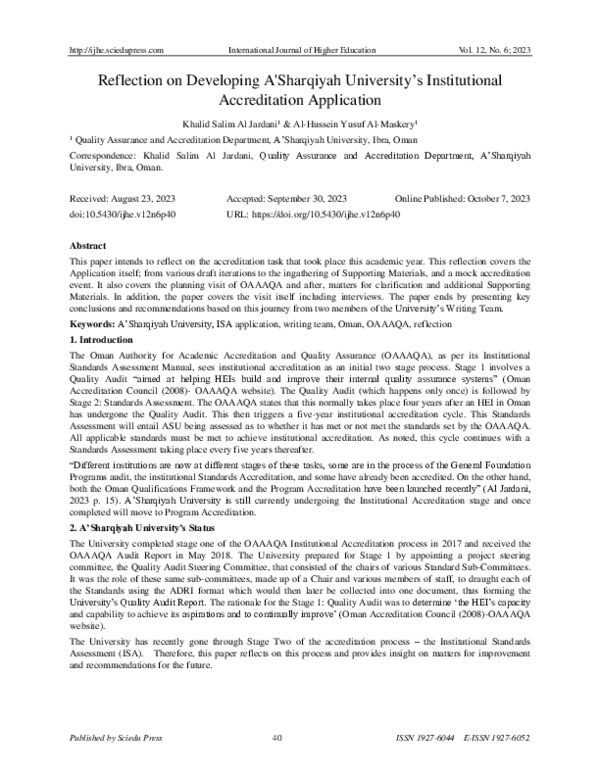(PDF) Reflection on Developing A'Sharqiyah University’s Institutional Accreditation Application