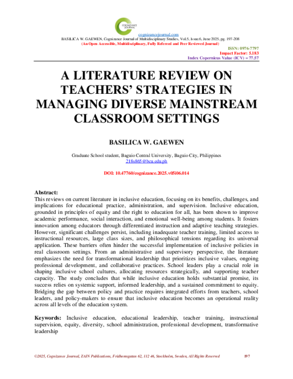 (PDF) A LITERATURE REVIEW ON TEACHERS’ STRATEGIES IN MANAGING DIVERSE ...
