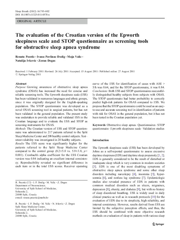 (PDF) The evaluation of the Croatian version of the Epworth sleepiness ...