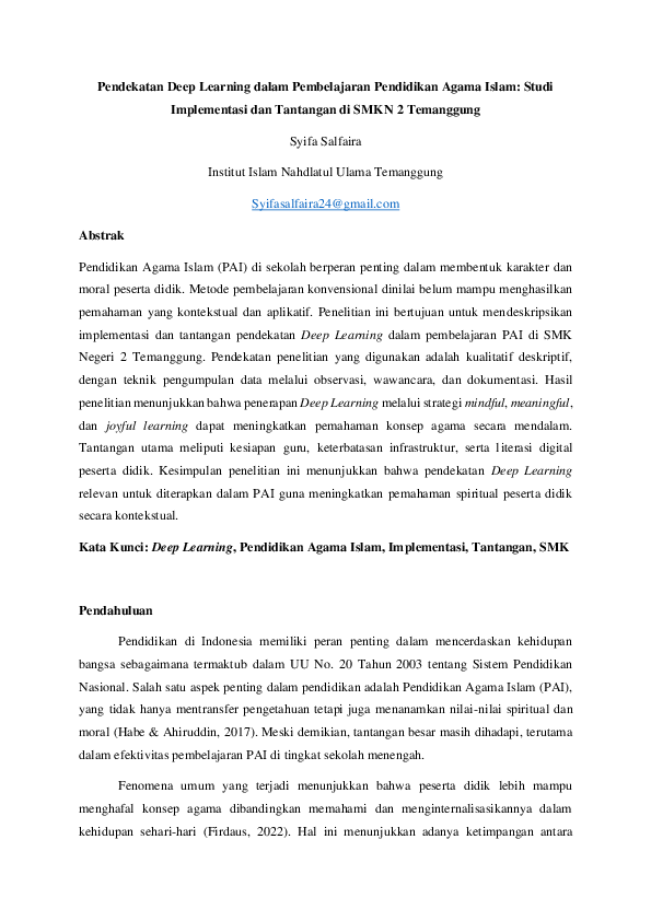 (PDF) Pendekatan Deep Learning dalam Pembelajaran Pendidikan Agama Islam: Studi Implementasi dan ...