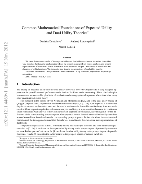 (PDF) Common mathematical foundations of expected utility and dual ...