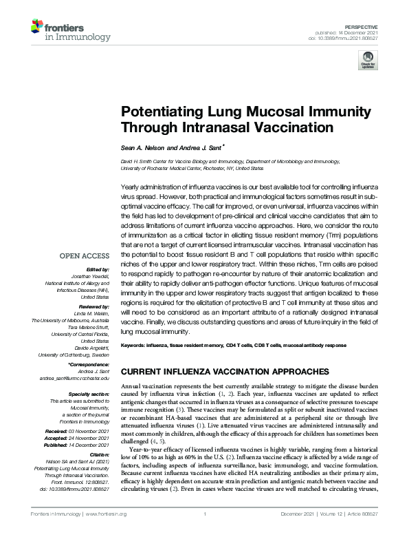 (PDF) Potentiating Lung Mucosal Immunity Through Intranasal Vaccination