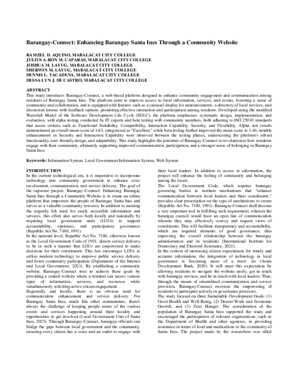 (PDF) Barangay-Connect: Enhancing Barangay Santa Ines Through a Community Website